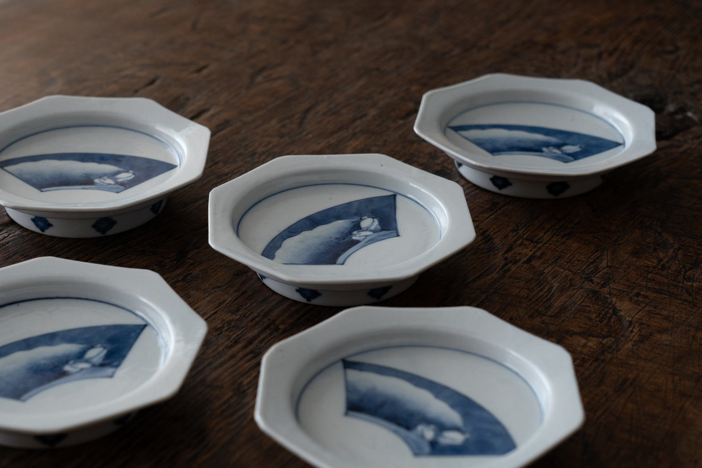 Set of five plate with folding fan and heron pattern, Ai-kutani type,